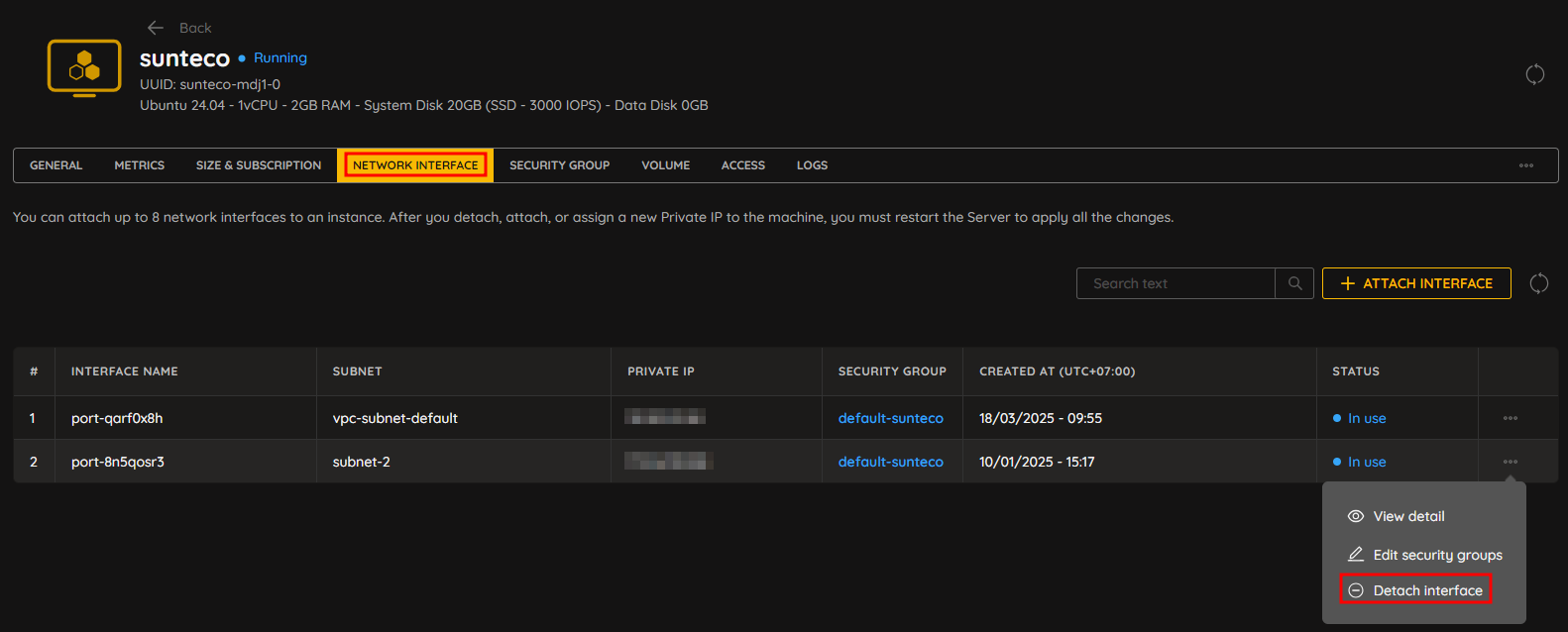 Detach network interface trong luồng vận hành của VM - Sunteco Cloud documentation